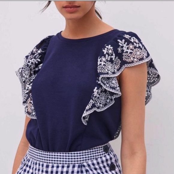 Maeve | Tops | Nwt Maeve For Anthropologie Navy Ruffled Blouse With ...
